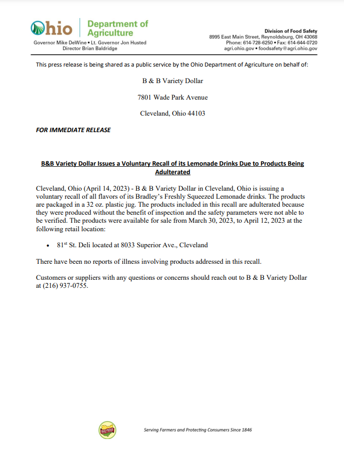 B&B Variety Dollar Issues a Voluntary Recall of its Lemonade Drinks Due ...