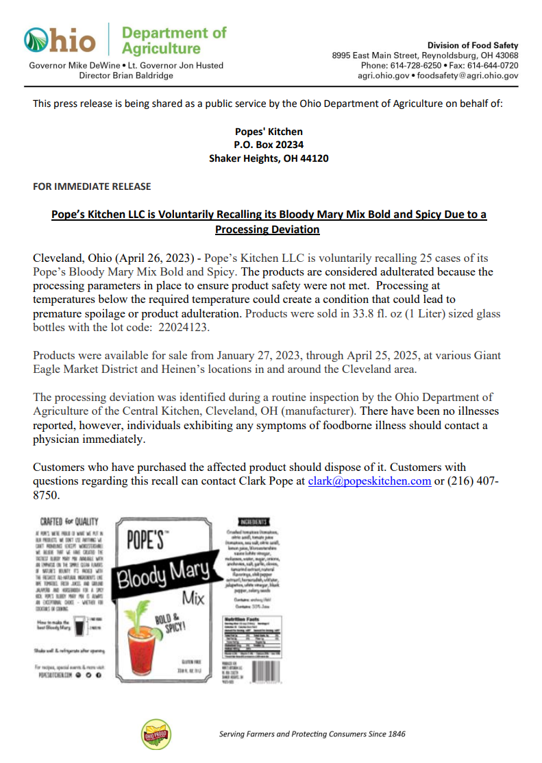 Pope’s Kitchen LLC is Voluntarily Recalling its Bloody Mary Mix Bold ...