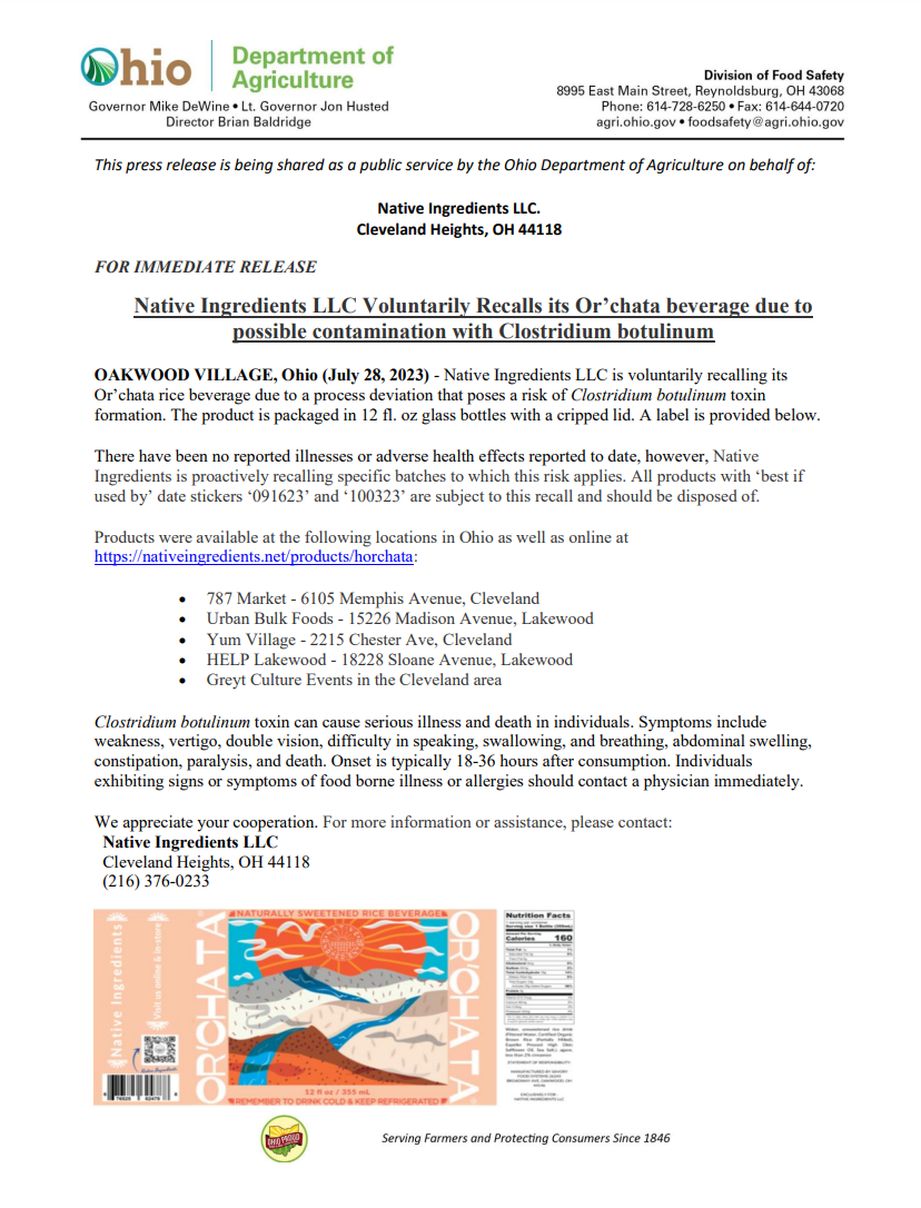 Native Ingredients LLC Voluntarily Recalls its Or’chata beverage due to ...