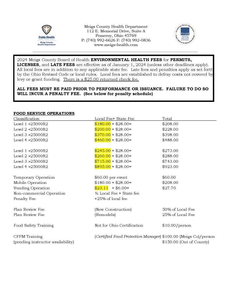 Environmental Health Fees - Meigs County Health Department
